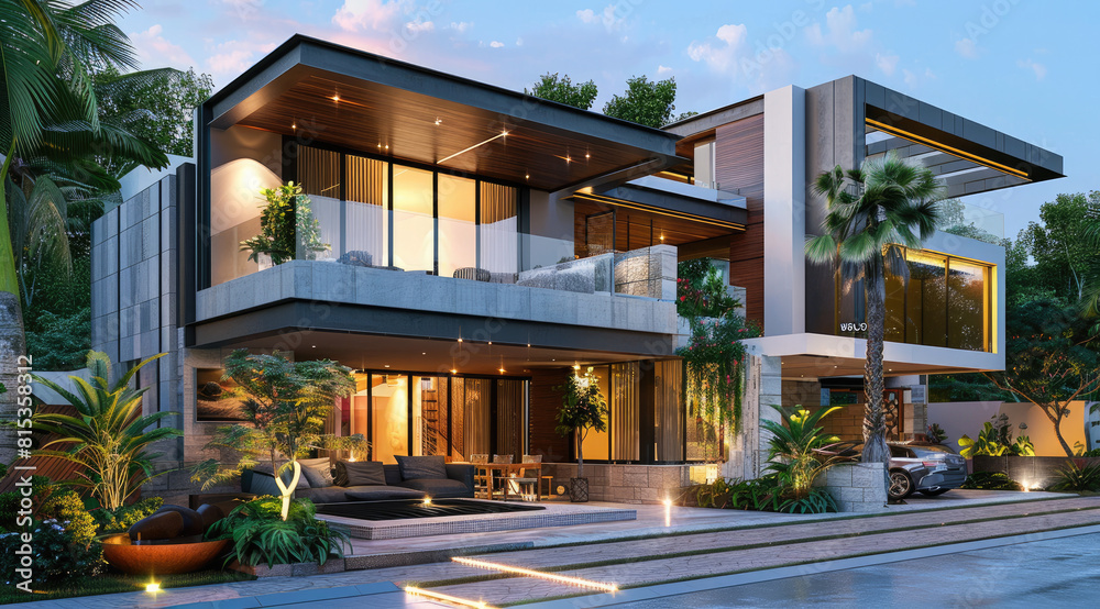 Modern style house with two floors, front view. The modern design ...