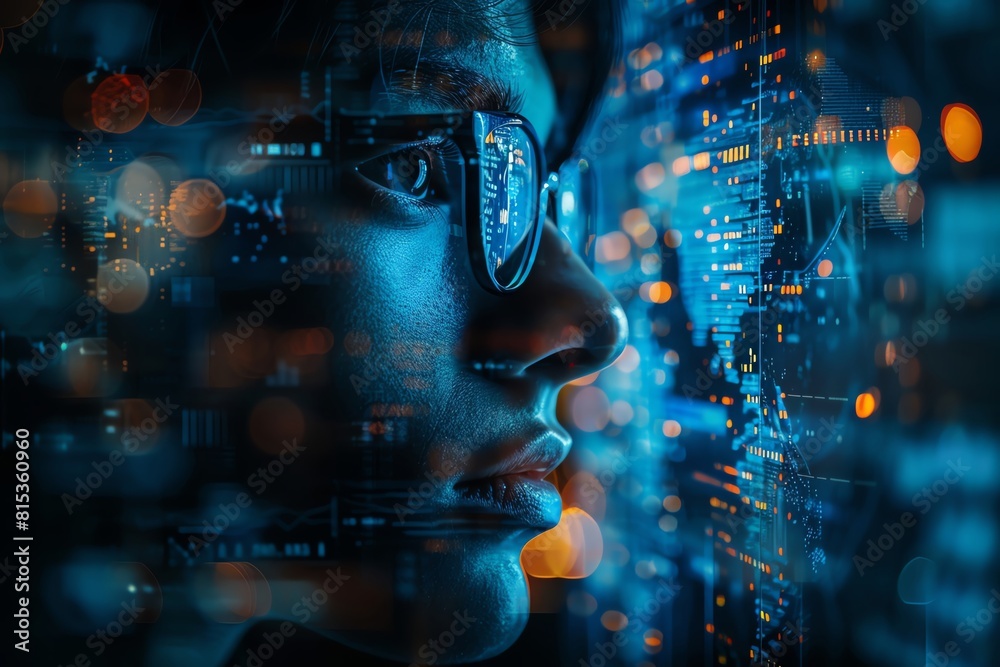 AI in a high-tech lab setting, blue tones, sleek surfaces, close up on ...