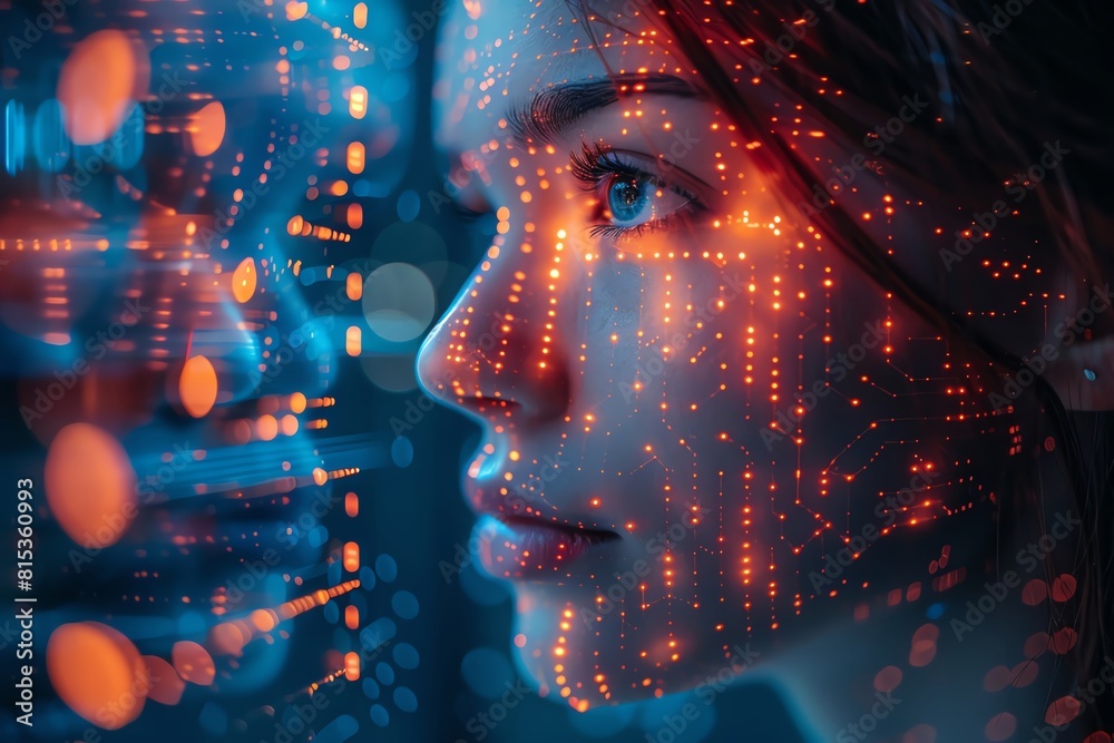 AI in a high-tech lab setting, blue tones, sleek surfaces, close up on ...