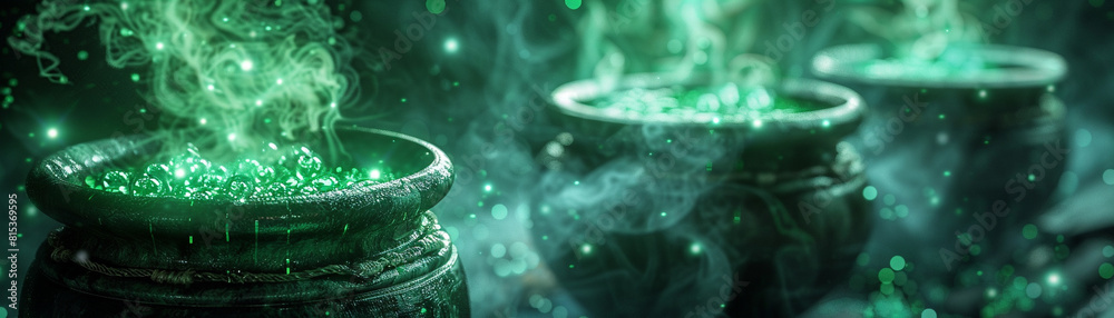 Potion brewing detailed shot of bubbling cauldrons with eerie green ...