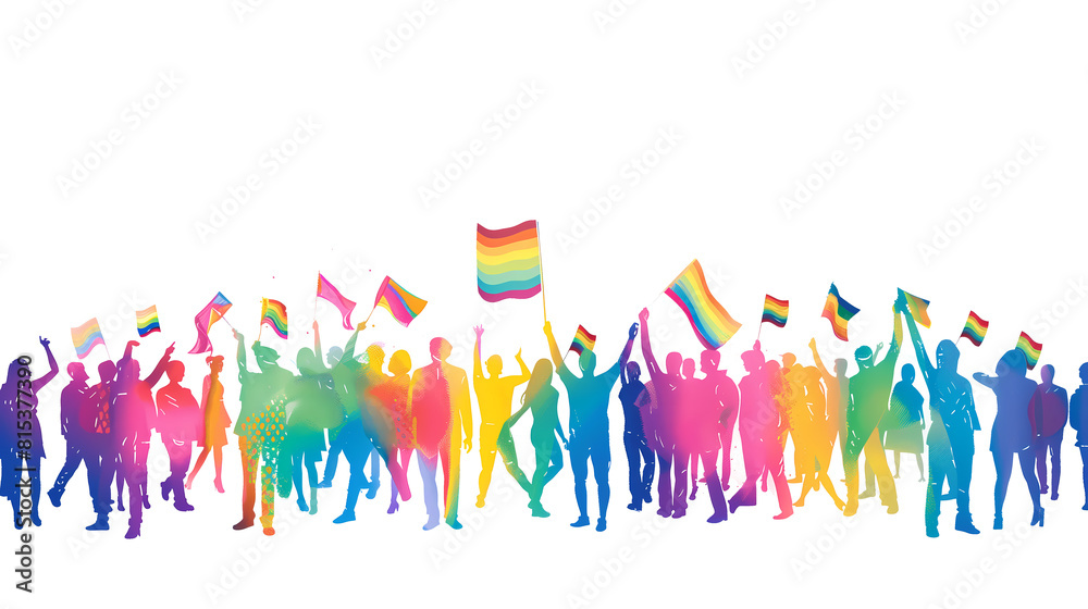 A pride parade, happy crowded people raising hands with pride flags in ...