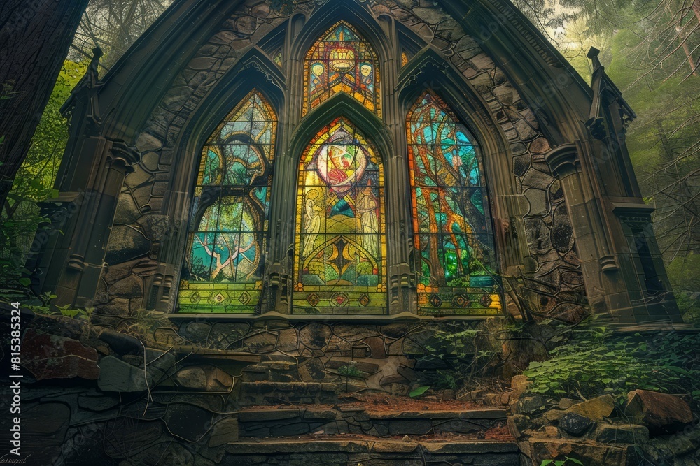 A mystical forest temple hidden deep in the woods, with stained glass ...