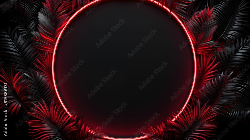 red neon circle frame with tropical leaves on dark background with copy ...