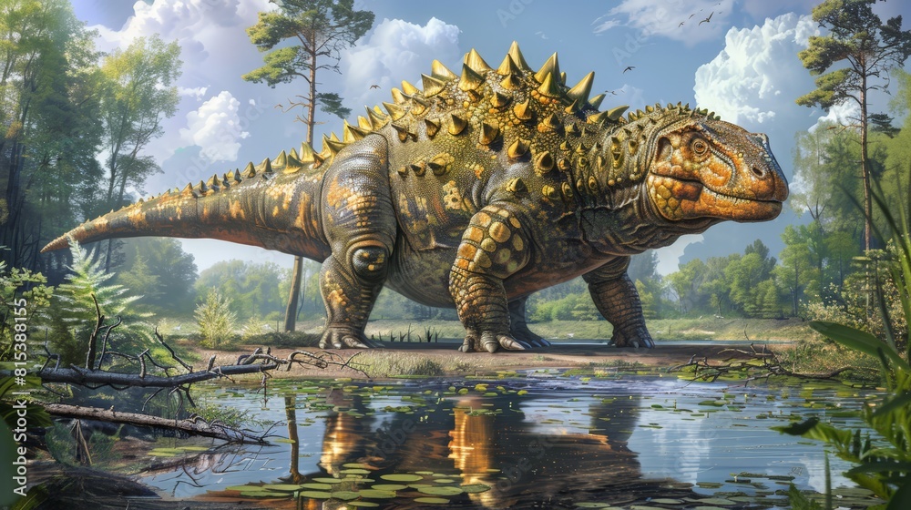 Ankylosaurus dinosaur by calm water in lush forest with clear sky and ...
