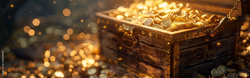 Treasure chest filled with gold coins, captured in vivid detail ...