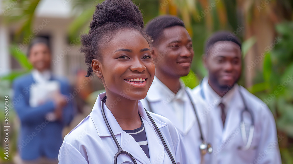 Smiling African Female Doctor with Medical Team Outdoors - Healthcare ...