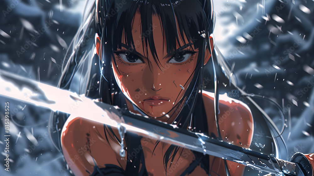 charming and sinister young samurai girl with a fox mask on her head, A ...