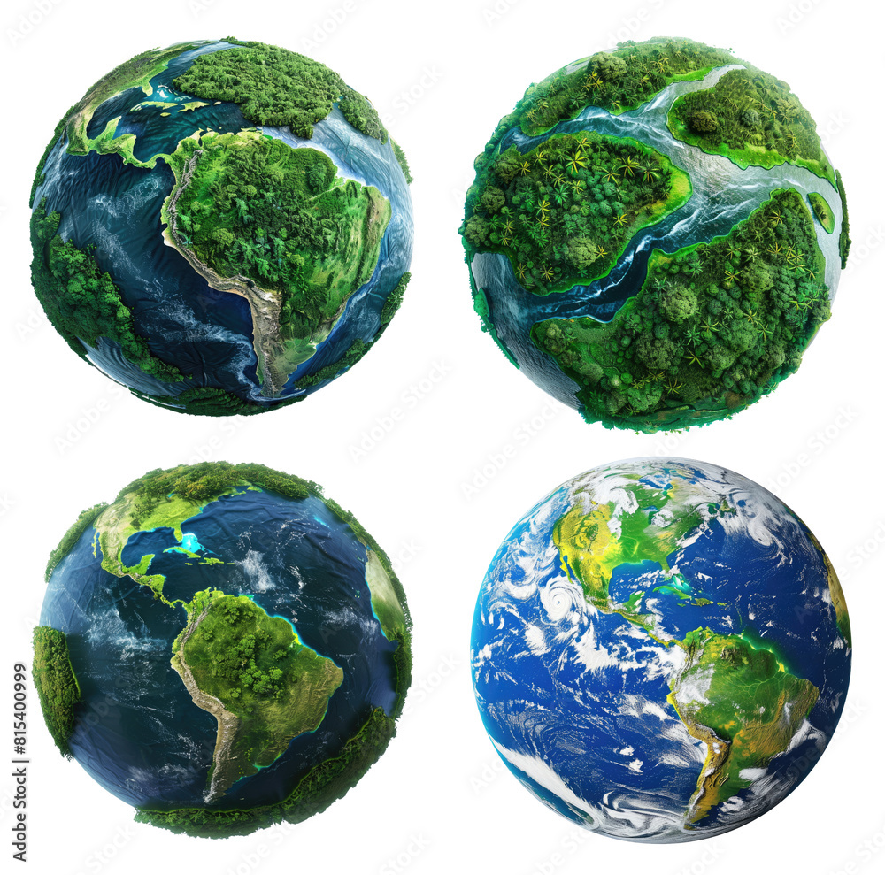 Four Earths with different landscapes in isolated on transparent ...