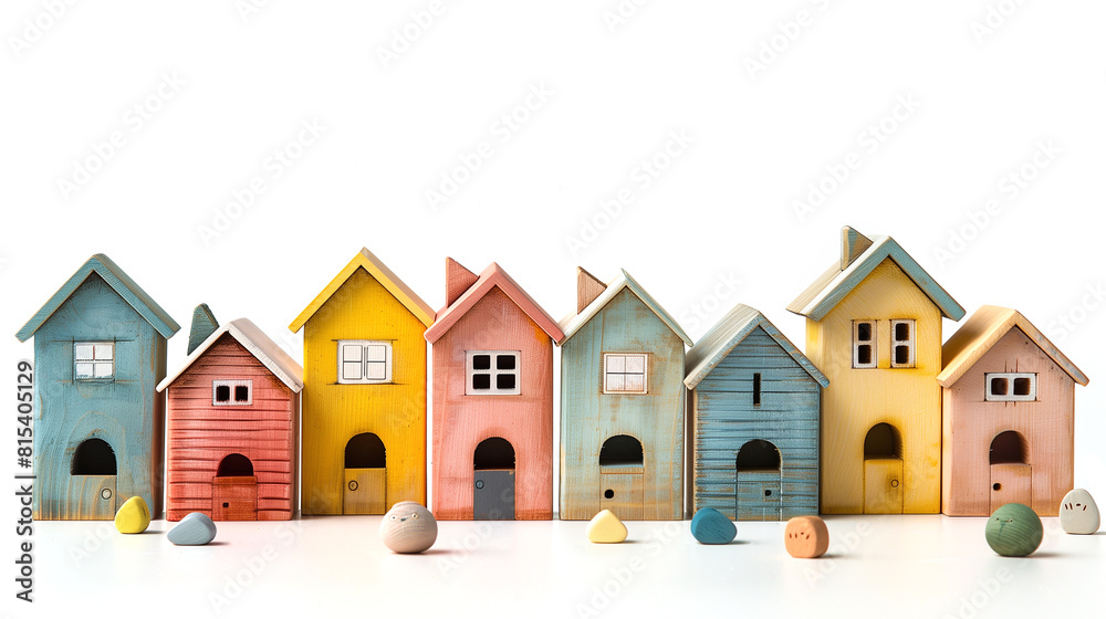 Miniature wooden houses painted in pastel colors, lined up isolated on ...