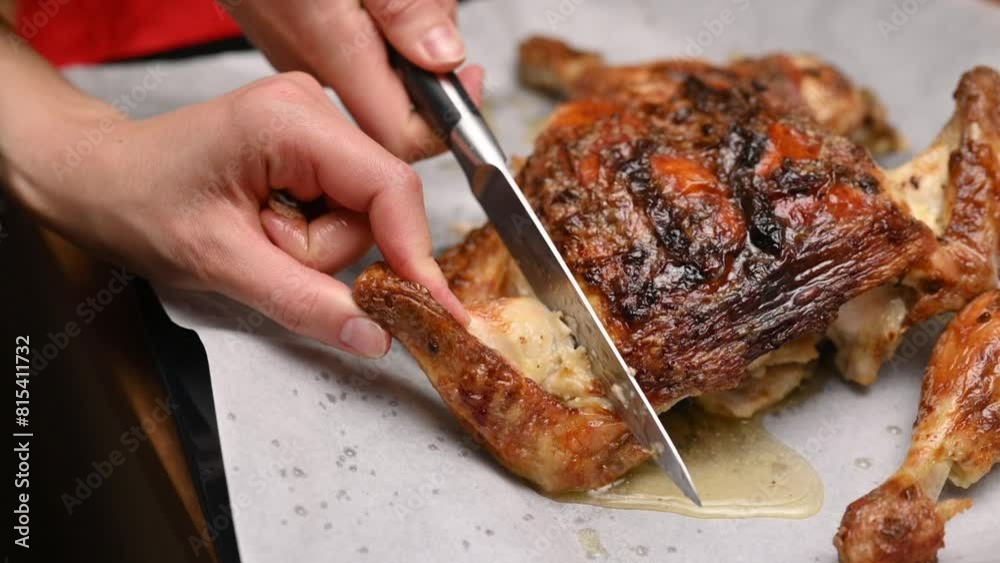 Cutting footage of fried chicken being cut. Close-up of cutting pieces ...
