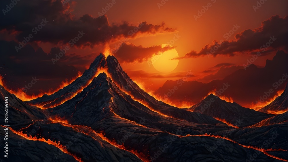 Night landscape with volcano and burning lava. Volcano eruption ...