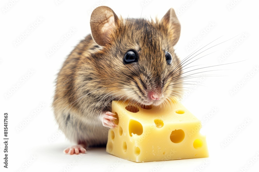 Tiny mouse clutching cheese on white background. Adorable rodent with ...