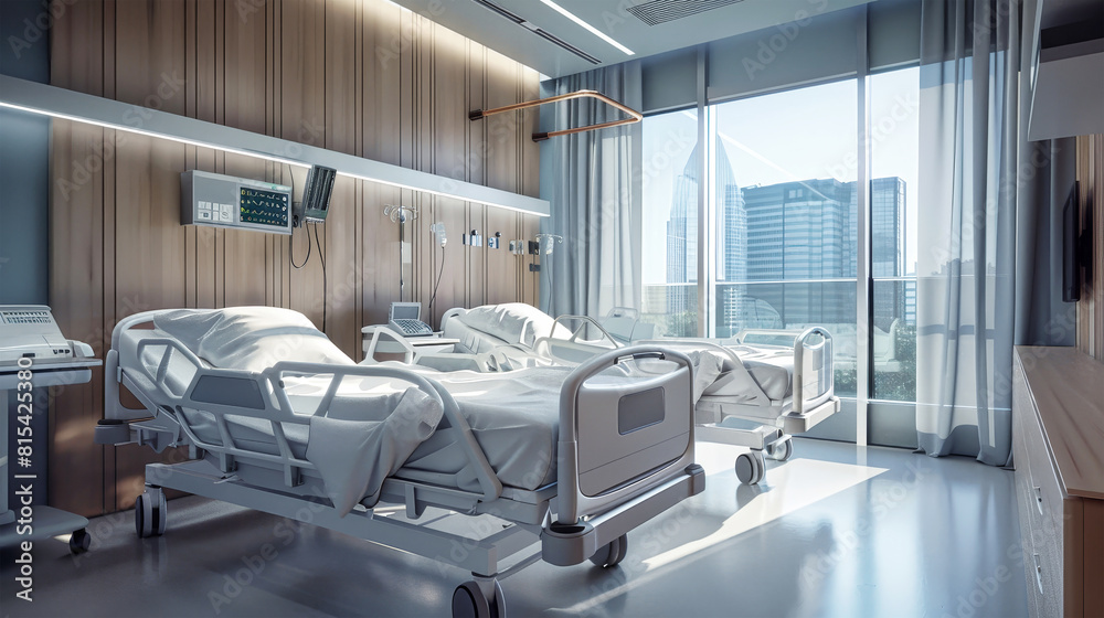 Two beds rest peacefully beside a window in a modern hospital room ...