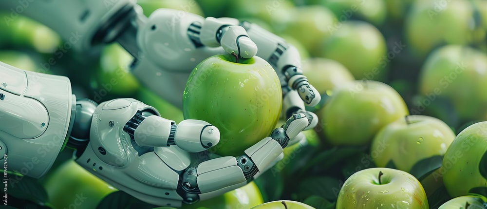 Robot worker picking apples, ensuring each fruit is perfect top view ...