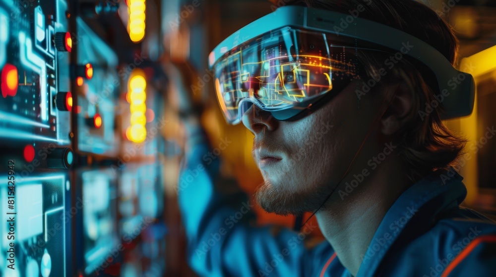 An engineer using augmented reality glasses to visualize the electrical ...
