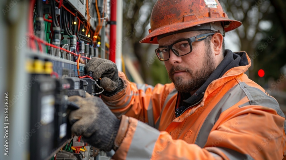 An electrical engineer performing a routine check on electrical ...