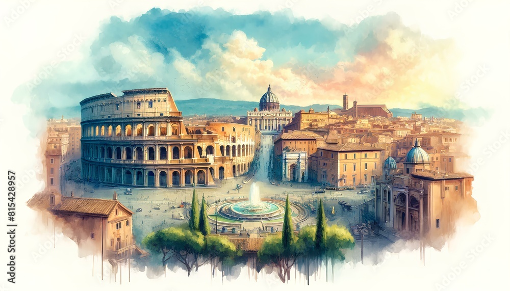 a watercolor painting of Rome, Italy, featuring iconic landmarks such ...