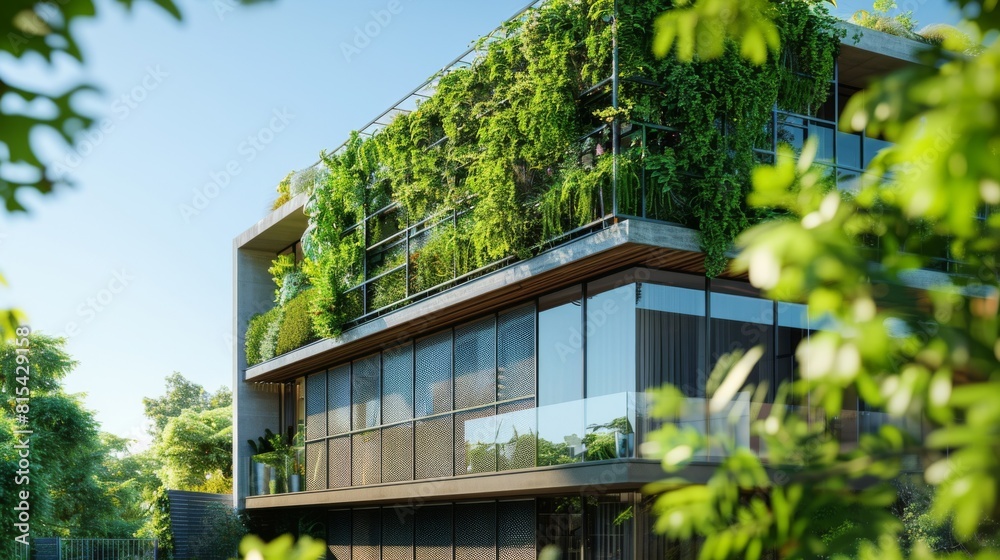 A modern office building with a mesh facade for climbing plants. Stock ...