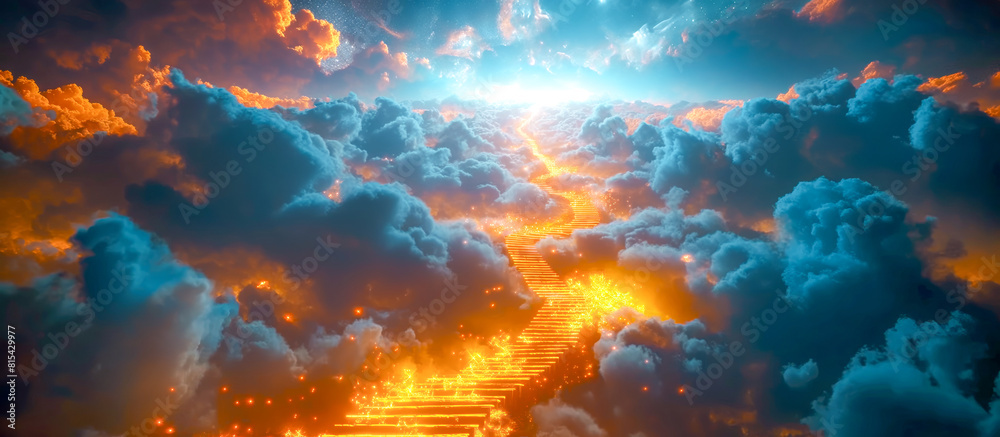 Fiery Stairway Ascending Through Dark and Light Clouds to Heaven ...
