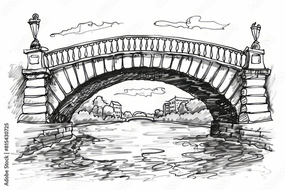 Cartoon cute doodles of a bridge spanning a river, with its arches and ...