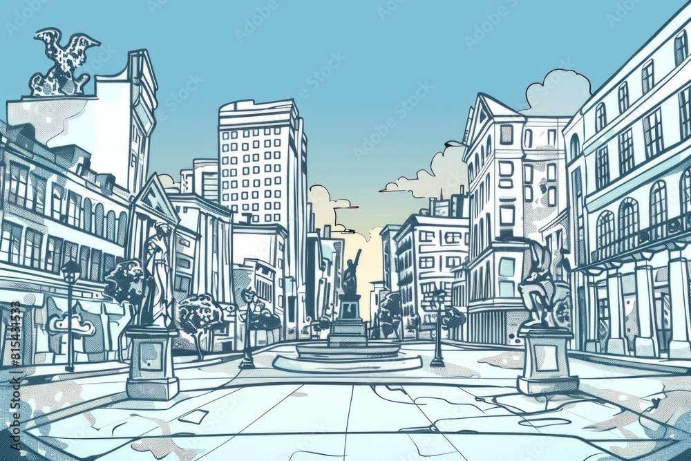 Cartoon cute doodles of a city square with buildings and statues, their ...
