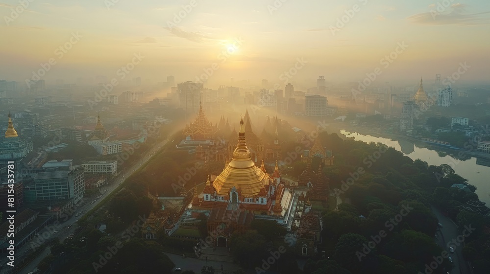 Aerial view of the Shwedagon Pagoda in Yangon, Myanmar, with its golden ...