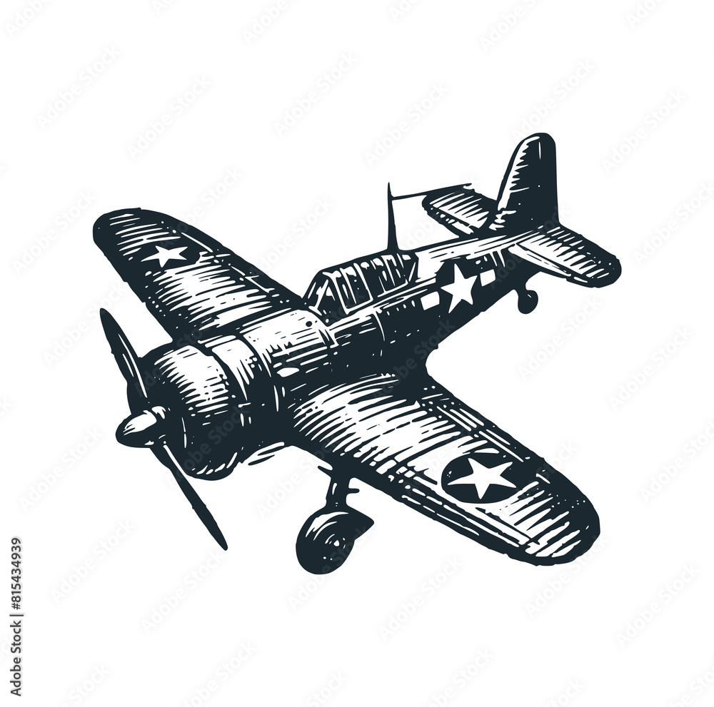 The fighter vintage air force. Black white vector illustration logo ...