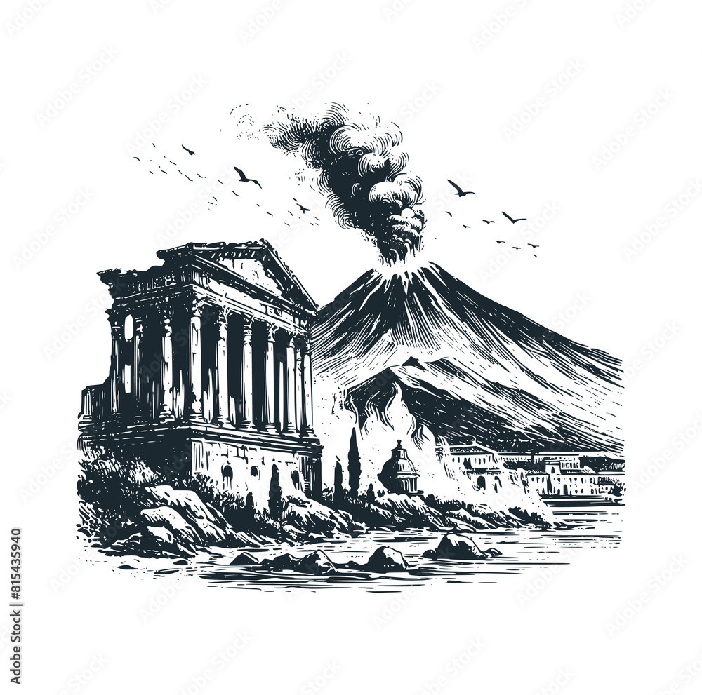 The Vesuvius mountain of Pompeii. Black white vector illustration logo ...