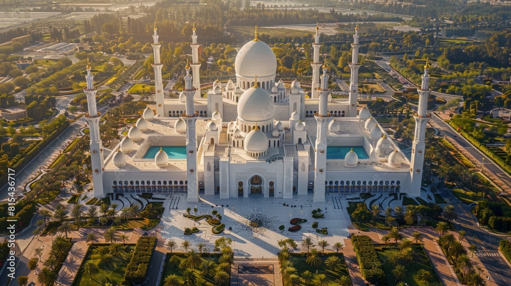 Aerial view of the Sheikh Zayed Grand Mosque in Abu Dhabi, UAE ...