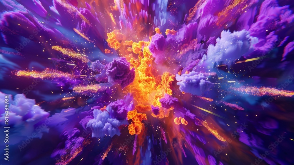 A 3D depiction of a powerful explosion with vibrant purple and blue ...
