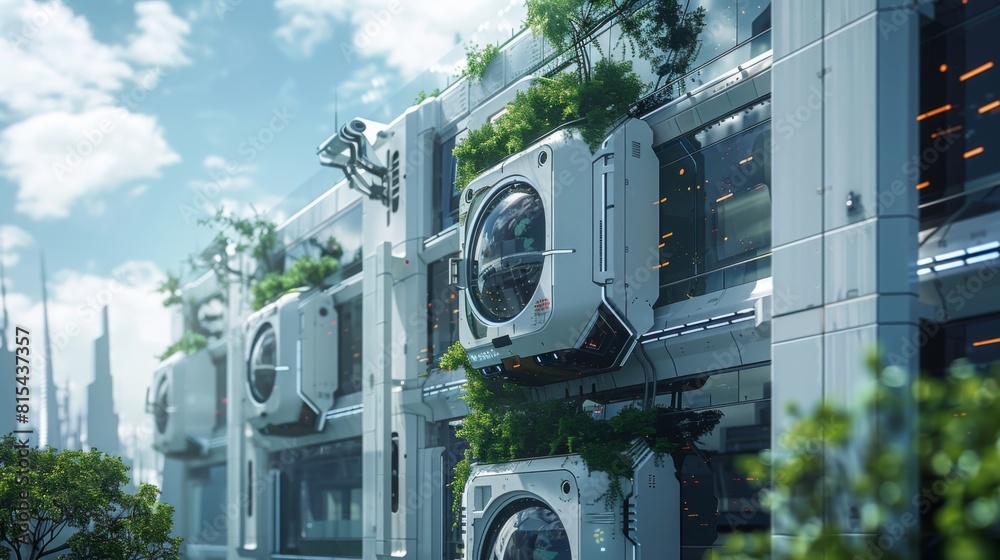 A high-tech office building with robotic maintenance units on the ...