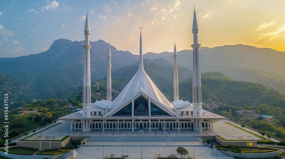 Aerial view of the Faisal Mosque in Islamabad, Pakistan, featuring its ...