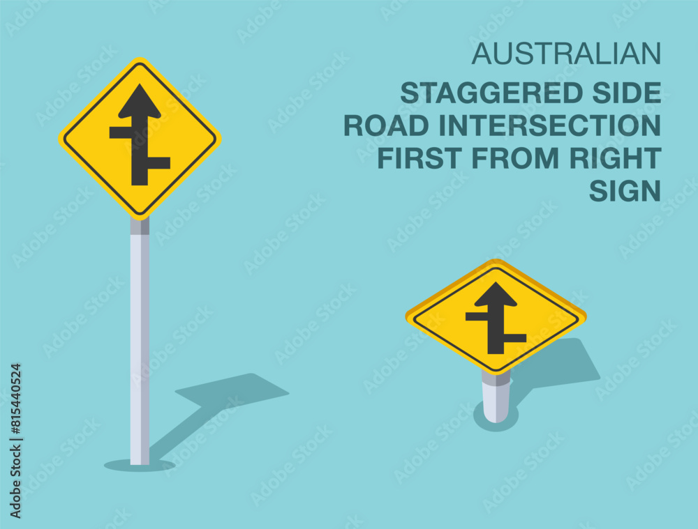 Traffic regulation rules. Isolated Australian "staggered side road ...