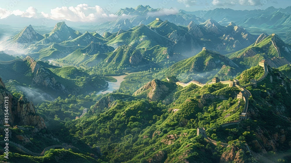 Aerial view of the Great Wall of China stretching across rugged ...