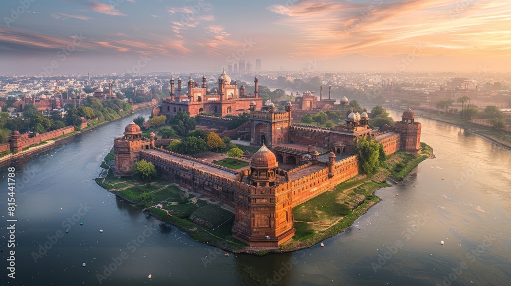 Aerial view of the Red Fort in Delhi, India, with its massive red ...