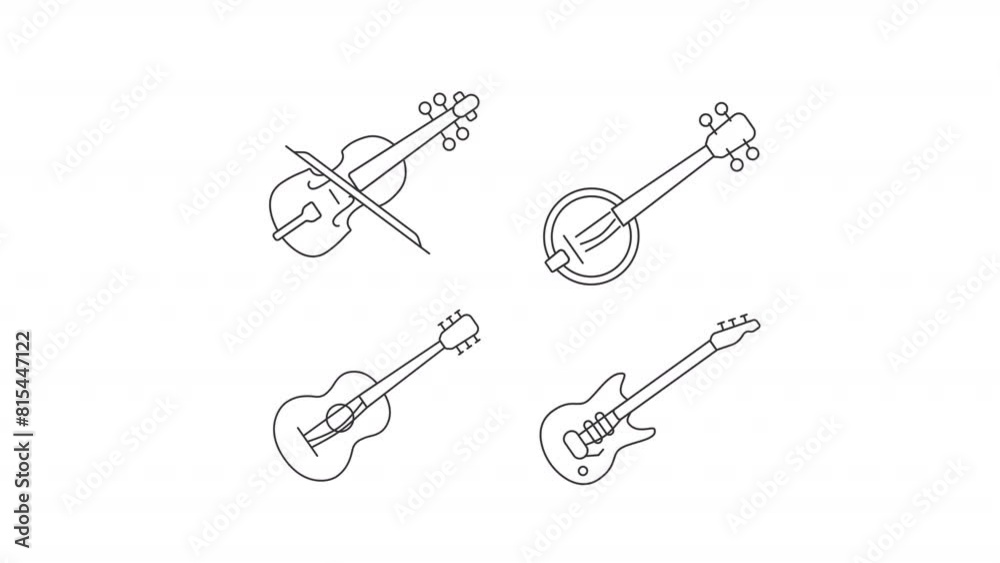 Animated stringed instruments icons. Musical equipment line animation ...