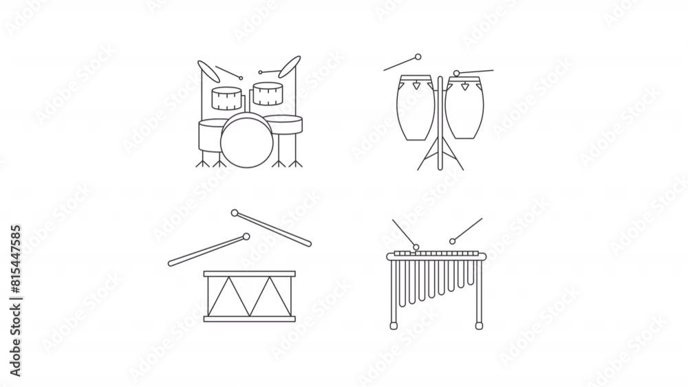 Animated drum types icons. Hand musical instruments line animation ...