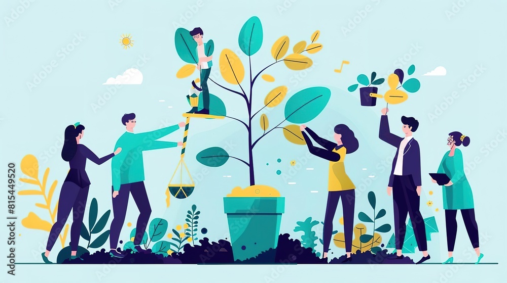 A group of diverse people work together to plant and nurture a tree ...
