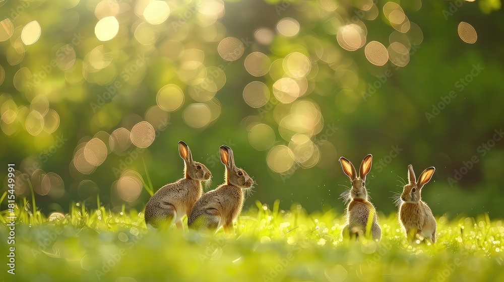 Dynamic composition of European hares in motion on a green field, with ...