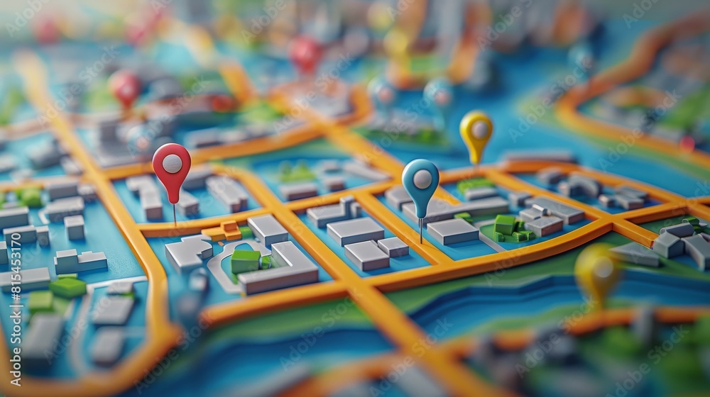 Event Planning: A 3D vector illustration of a map with pins indicating ...