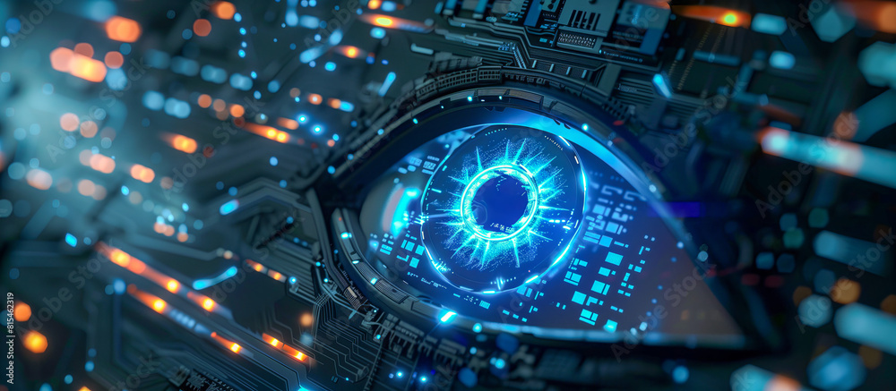 ภาพประกอบสต็อก Advanced AI Surveillance Eye with Digital Circuitry and ...