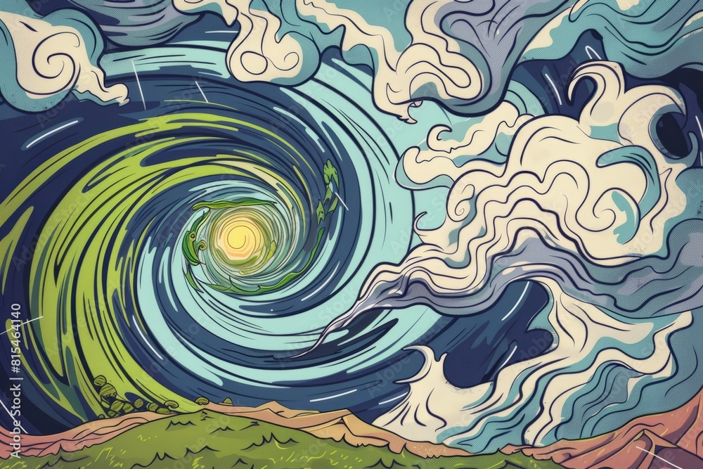 Cartoon cute doodles of a cyclone forming over land, with its spiraling ...