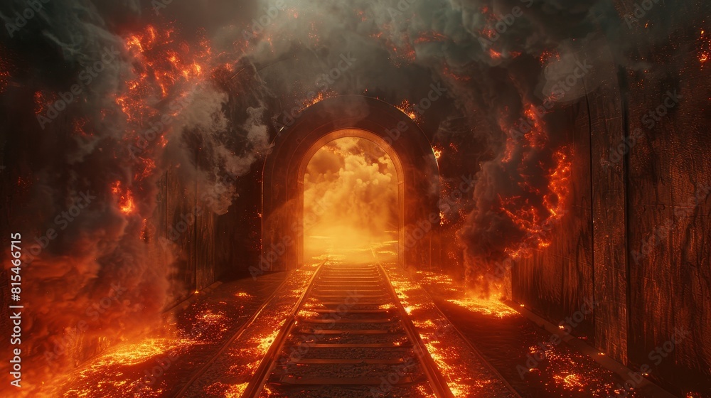 Apocalyptic view of a subway gate with lava and smoke enveloping the ...