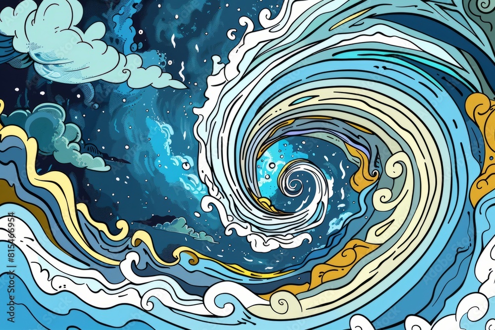 Cartoon cute doodles of a cyclone forming over the ocean, with its ...