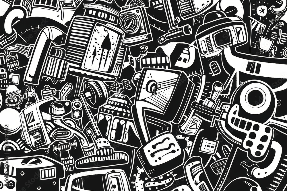 Cartoon cute doodles of industrial-style printmaking techniques, such ...