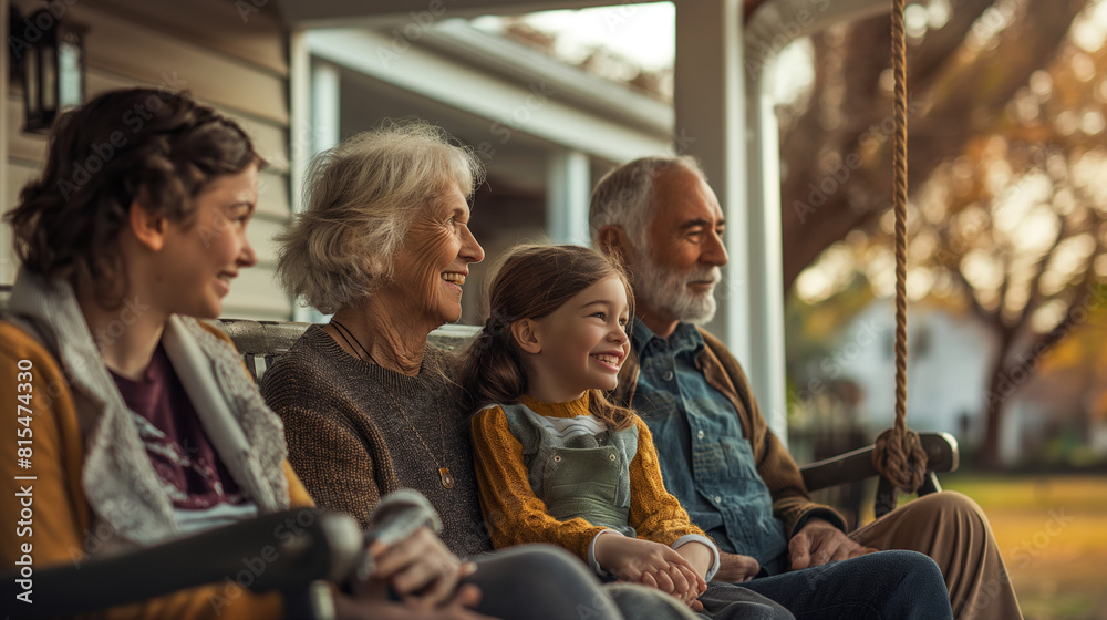 Four generations of family members sitting on a porch swing, their ...