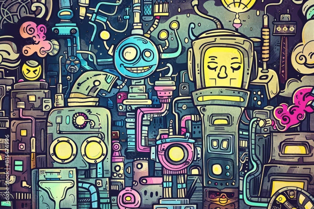 Cartoon cute doodles of industrial-style street art, with murals ...