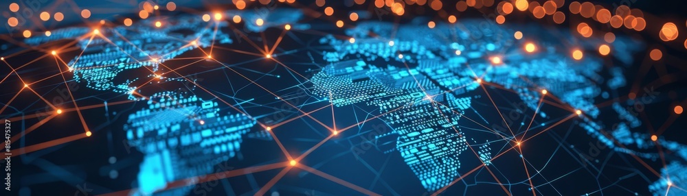 Visualization of a global blockchain transaction, world map interface ...