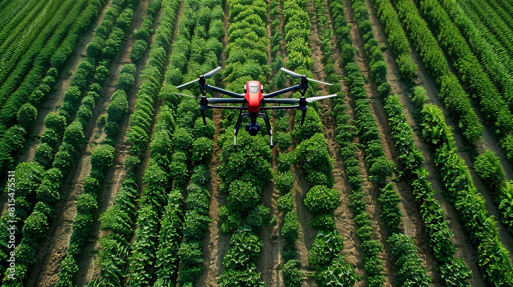 Agricultural drone mapping out field boundaries and crop rows top view ...