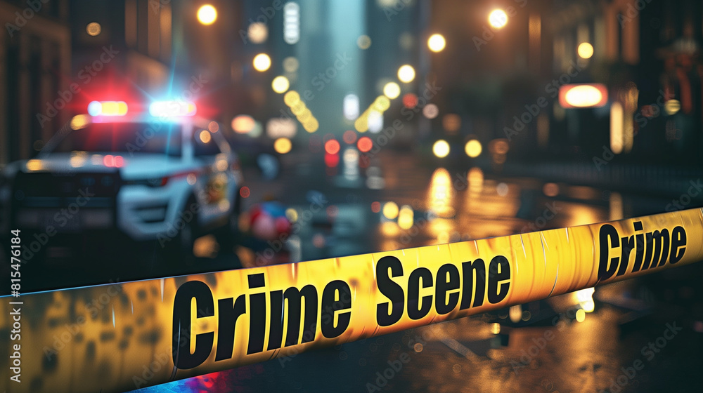 yellow crime scene law enforcement tape with police car on blur city ...